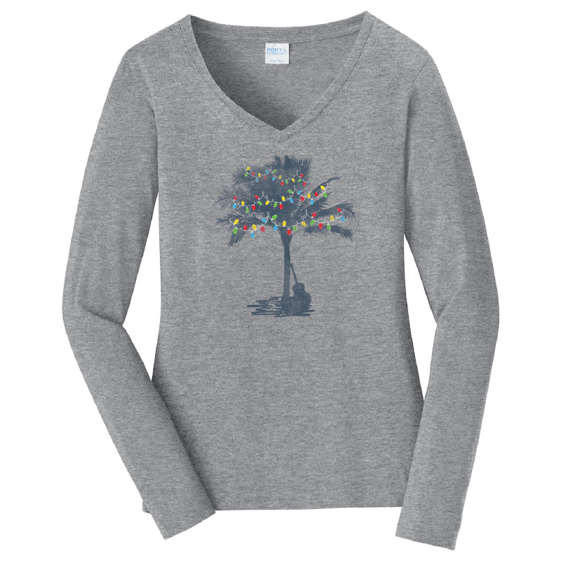 Women's Christmas Palm Tree LS V-Neck Tee - Athletic Heather – Kenny ...